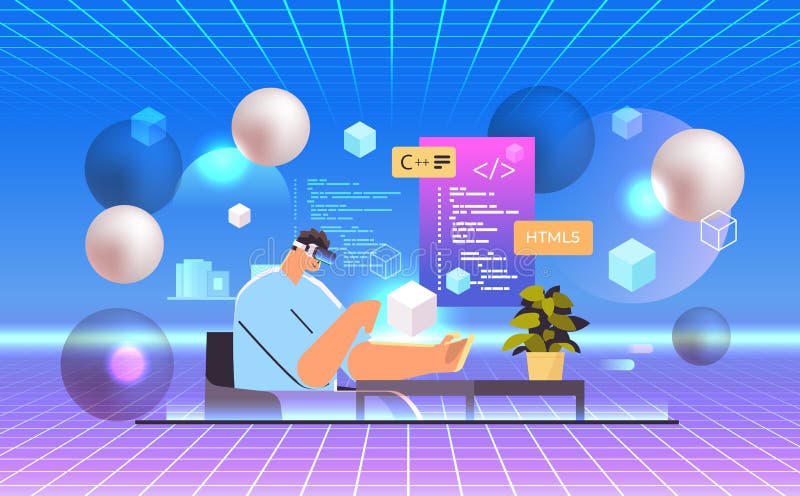 Programmer In Virtual Reality Glasses Writing Code For Computer App Engineering Software Coding