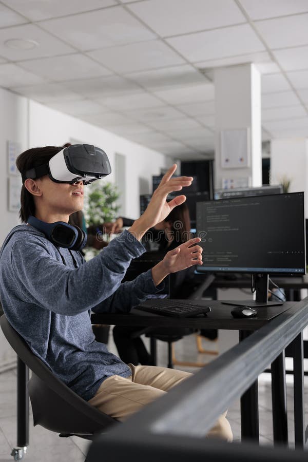 It Programmer Wearing Virtual Reality Headset To Code New Server Interface Stock Image Image