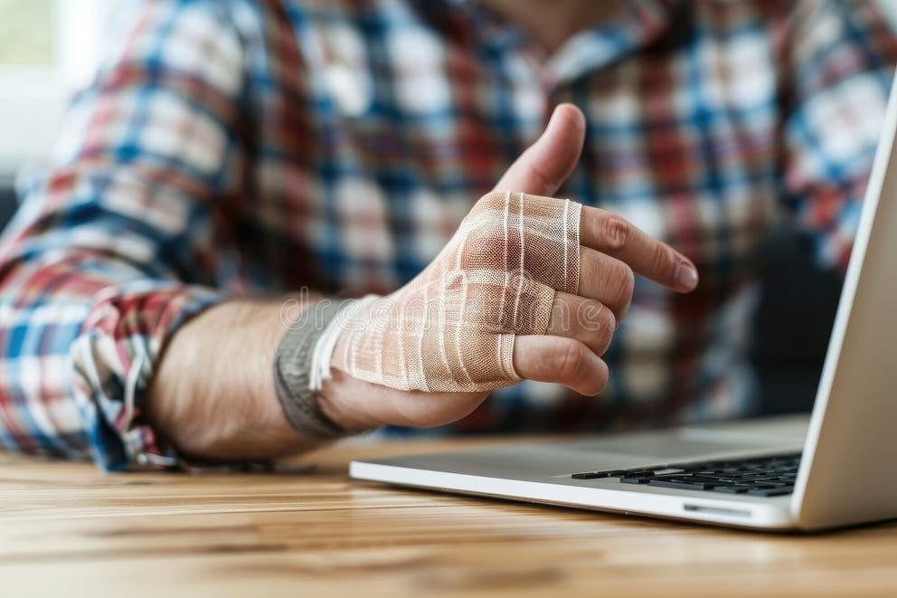 A Programmer Winces in Discomfort Typing with a Bandaged Wrist Stock ...