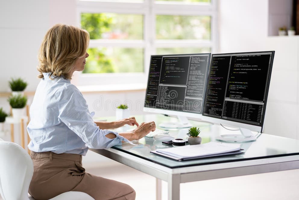 Programmer Woman Coding stock photo. Image of code, screen - 253564086