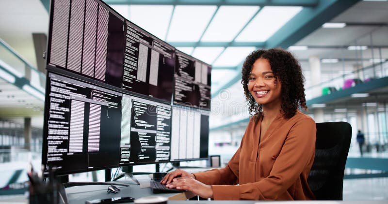 Programmer Woman Coding on Computer Stock Image - Image of development ...