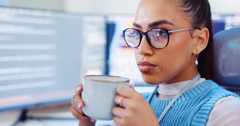 Programmer, Woman or Coffee with Thinking of Software Development, Tech ...