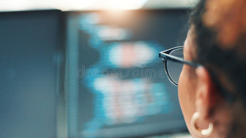 Programmer, Woman and Computer Screen in Office for Writing Code, Web Development or Server ...