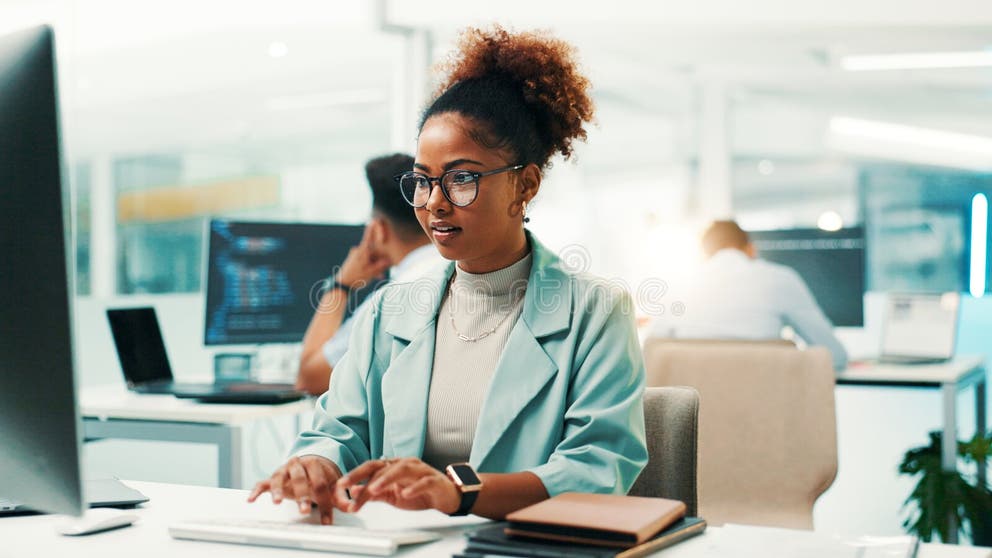 Programmer, Woman and Typing on Computer in Office for Software ...