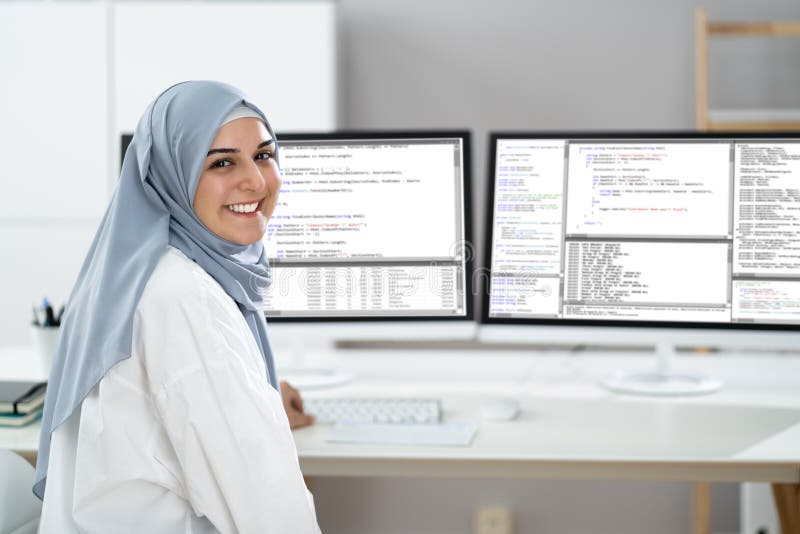 Programmer Woman Wearing Hijab Working Stock Photo - Image of multiple ...