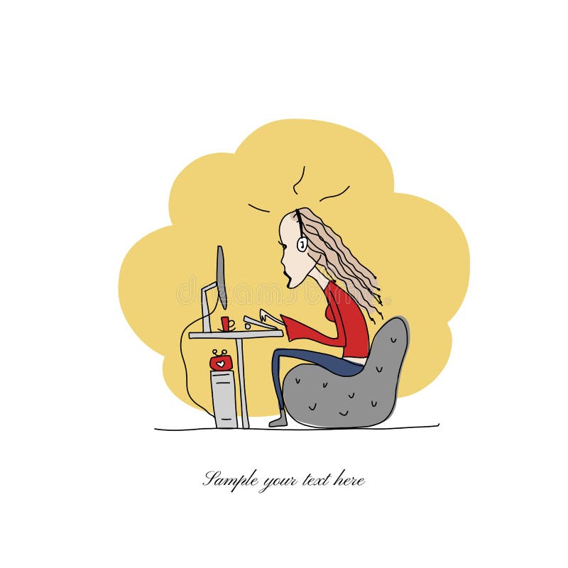 Programmer Woman at Work, Sketch for Your Design Stock Vector ...