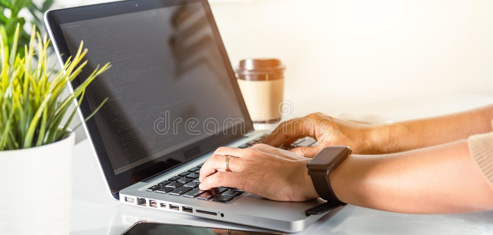 Programmer Woman Writing Program Code Sitting at Workplace in Office ...