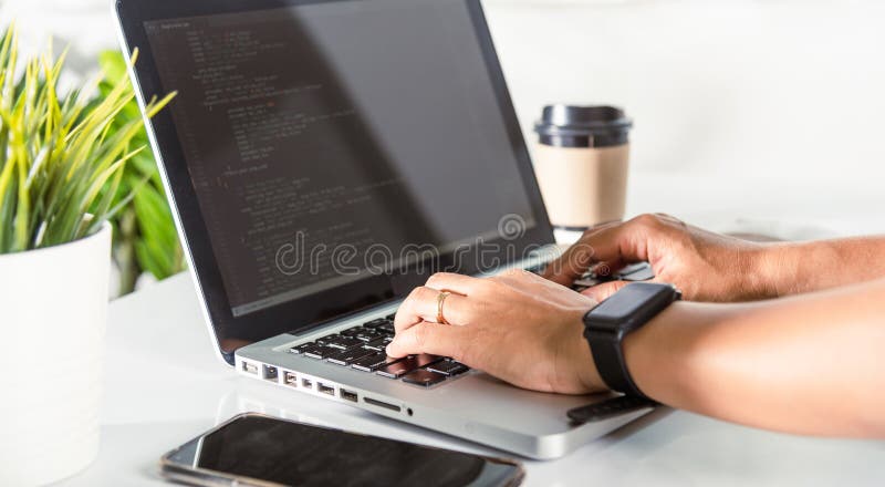 Programmer Woman Writing Program HTML Code Sitting at Workplace in ...