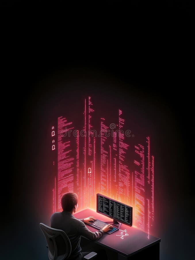 Programmer at Work with Code Visual a Programmer Sits at a Desk Working on Code Lines of Code ...