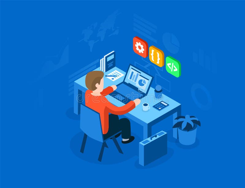 Programmer at Work Concept. Coding or Online Programming Education. Flat Isometric Vector ...