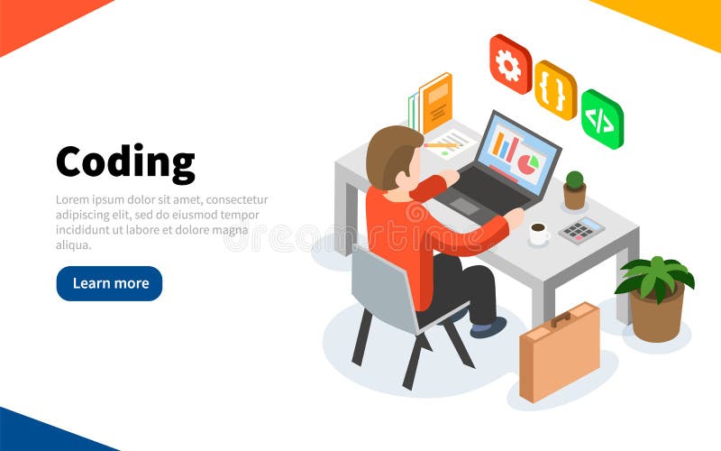 Programmer At Work Concept Coding Or Online Programming Education Flat Isometric Vector