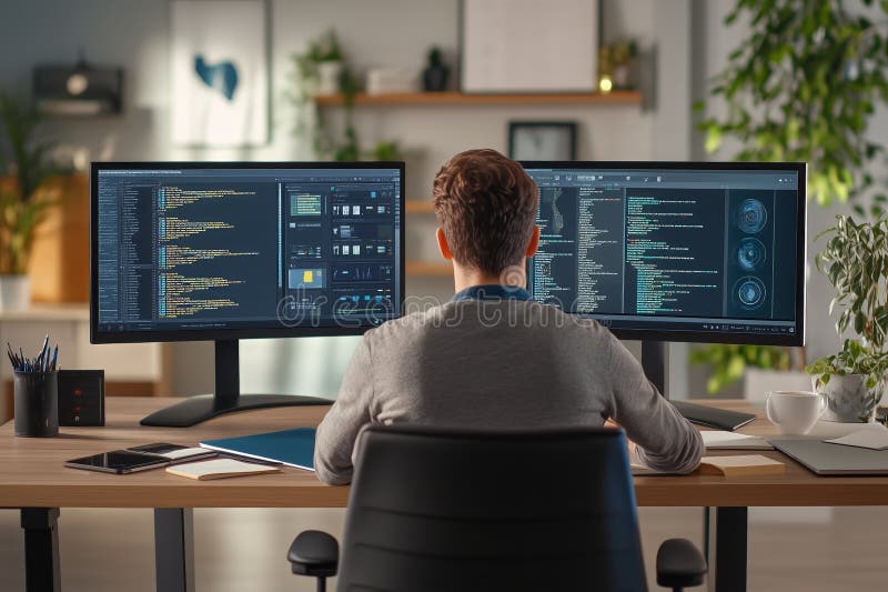 Programmer at Work with Dual Monitors Stock Illustration - Illustration of dual, table: 336191276