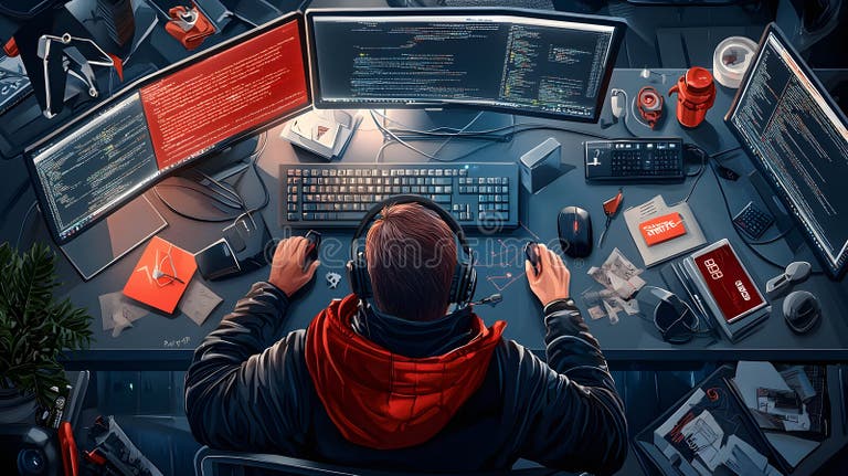 Programmer at Work with Multiple Monitors and Coding Screens in a Dark Office Environment Stock ...