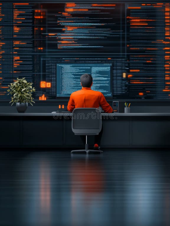 Programmer at Work a Programmer Sits at a Desk in Front of Multiple Computer Screens Displaying ...