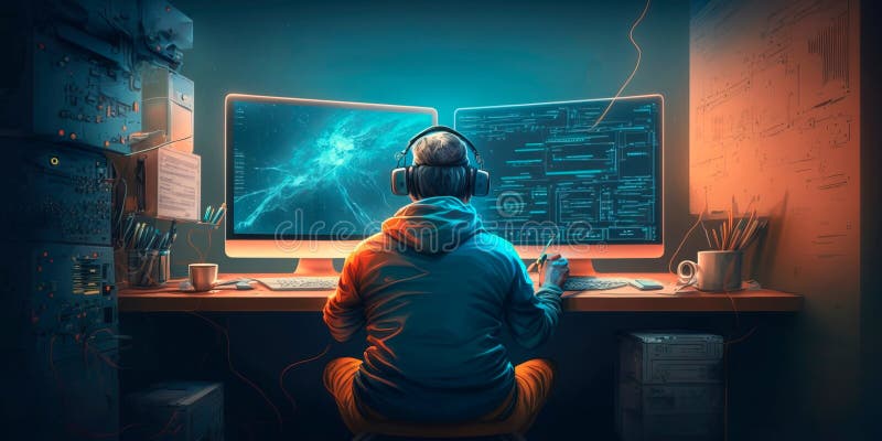 Programmer Working Behind Computer Modern Interior .Generative AI Stock ... Programmer Working Behind Computer Modern Interior .Generative AI Stock ...