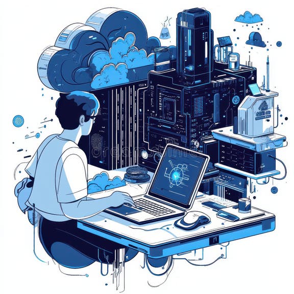 Programmer Working on Cloud Computing Technology Smart Home Automation System Design Isolated on ...