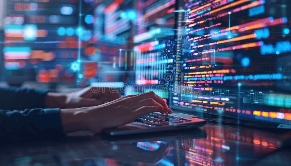 Programmer Working on Code in a Dark Room Stock Illustration ...