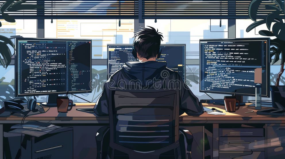 Programmer Working on Code in a Dual Monitor Setup. Software Development and Coding Concept for ...