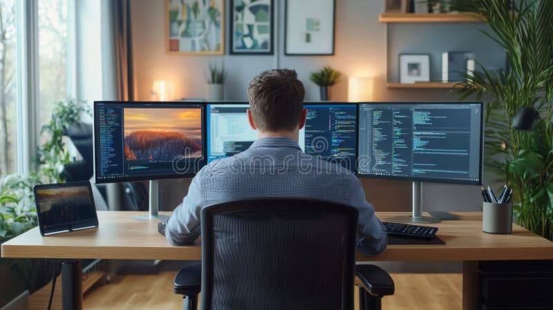 Programmer Working On Code At Home Office Desk With Multiple Monitors