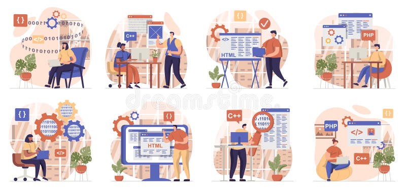 Programmer Working Collection Of Scenes Isolated Stock Vector