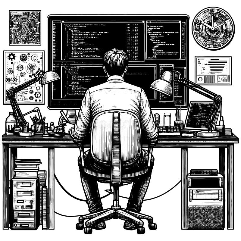 Programmer Working on Computer Hardware with Code on Screen, Black and ...