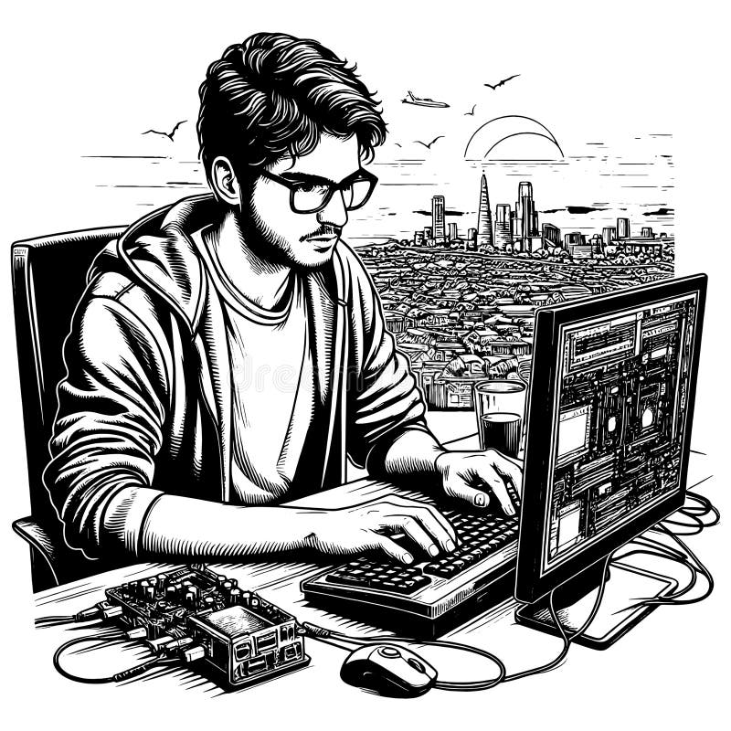 Programmer Working On Computer Hardware With Code On Screen Black And White Raster Generative