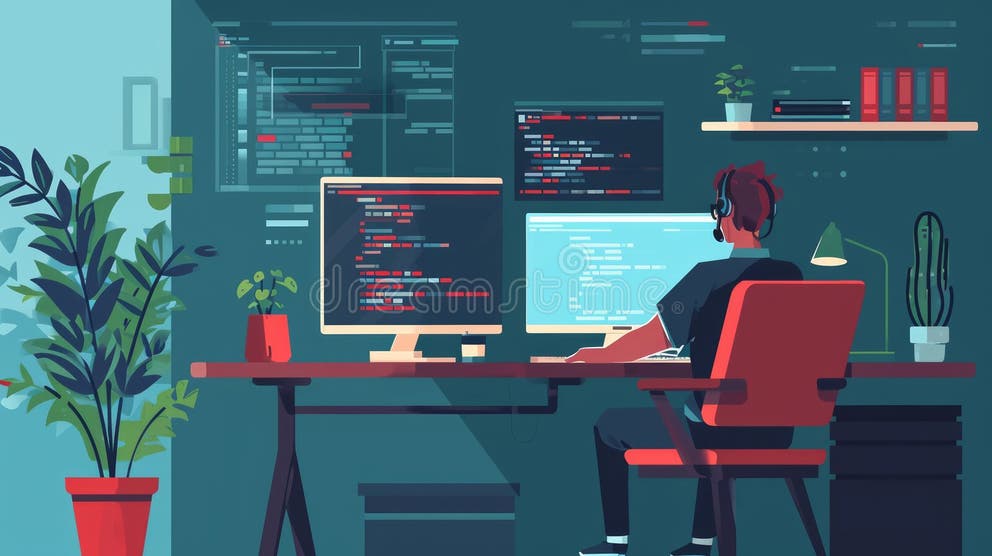 Programmer Working on Computer in Office. Programmer Coding and Programming Stock Illustration ...