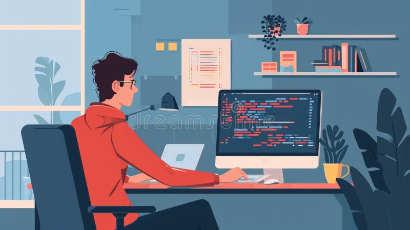 Programmer Working On Computer In Office Programmer Coding And Programming Stock Illustration