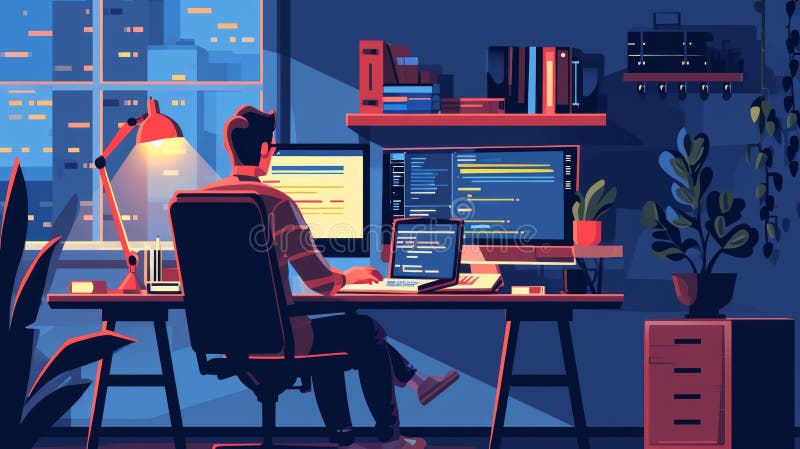 Programmer Working On Computer In Office At Night Programmer Coding Code On Computer Screen