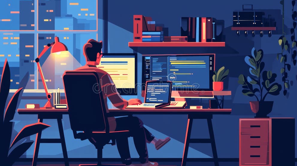 Programmer Working on Computer in Office at Night. Programmer Coding Code on Computer Screen ...