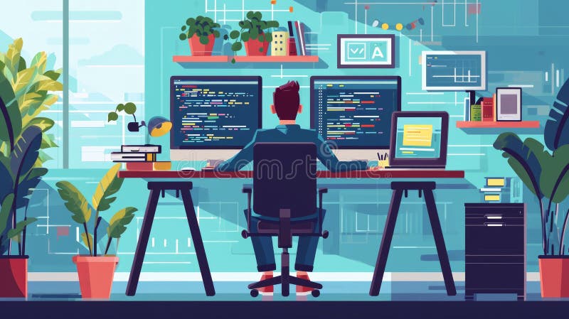 Programmer Working On Computer In Office Programmer Coding Code On Desktop Software