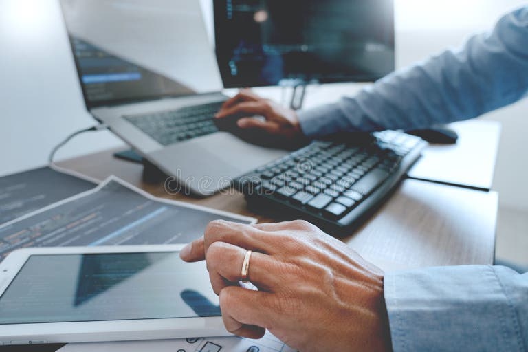 Programmer Working on Computer in it Office Typing Data Coding in ...