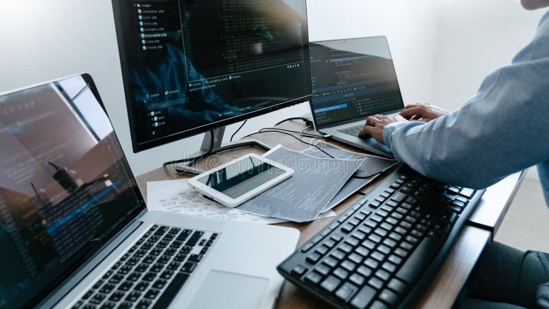 Programmer Working On Computer In It Office Typing Data Coding In 