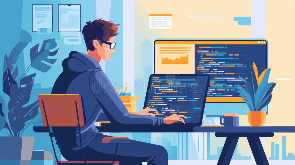 Programmer Working on Computer. Programmer in Front of Computer Screen. Programmer Working on ...