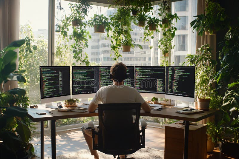 Programmer Working with Computer at Table. Screens Show Layered Code ...