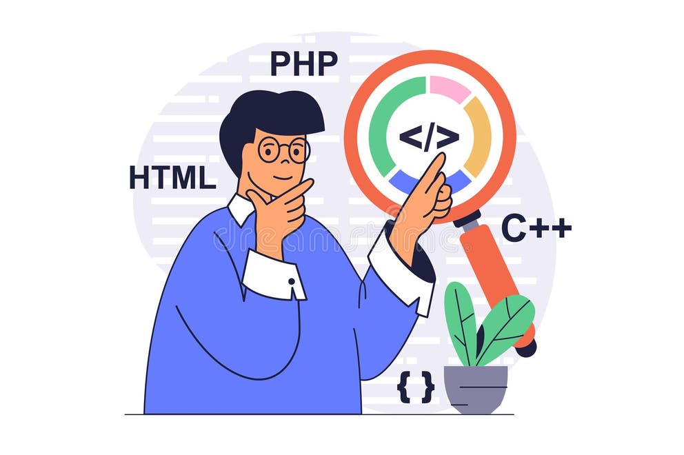 Programmer Working Concept with Cartoon People in Flat Design for Web. Man Searching Program ...