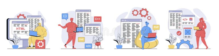 Programmer Working Concept Set in Flat Design for Web. Collection with ...