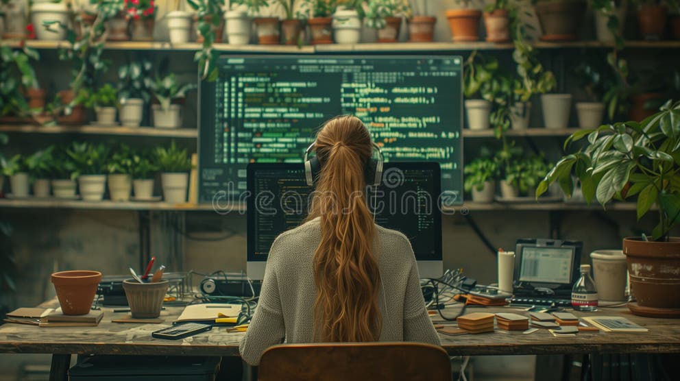 Programmer Working in a Cozy Workspace with Indoor Plants Stock ...