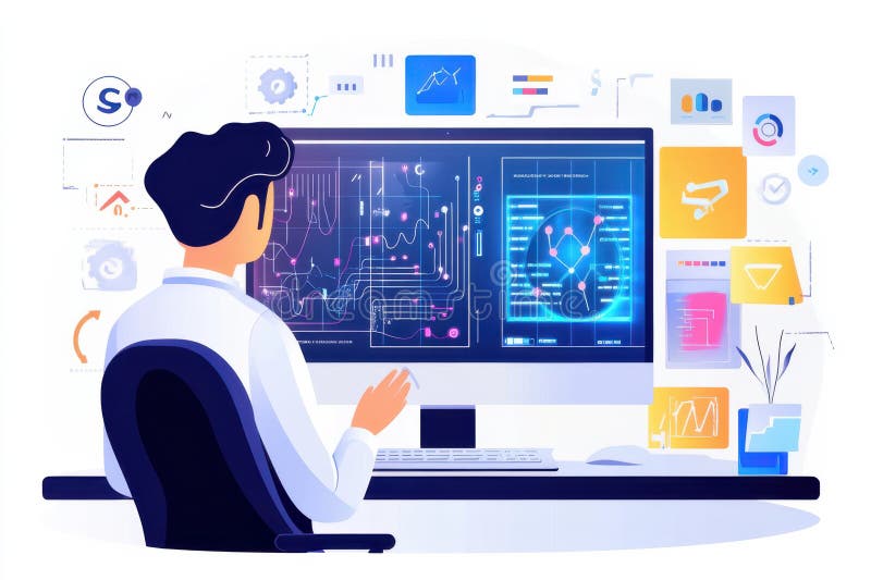 Programmer Working With Data Analysis Software Developing Futuristic