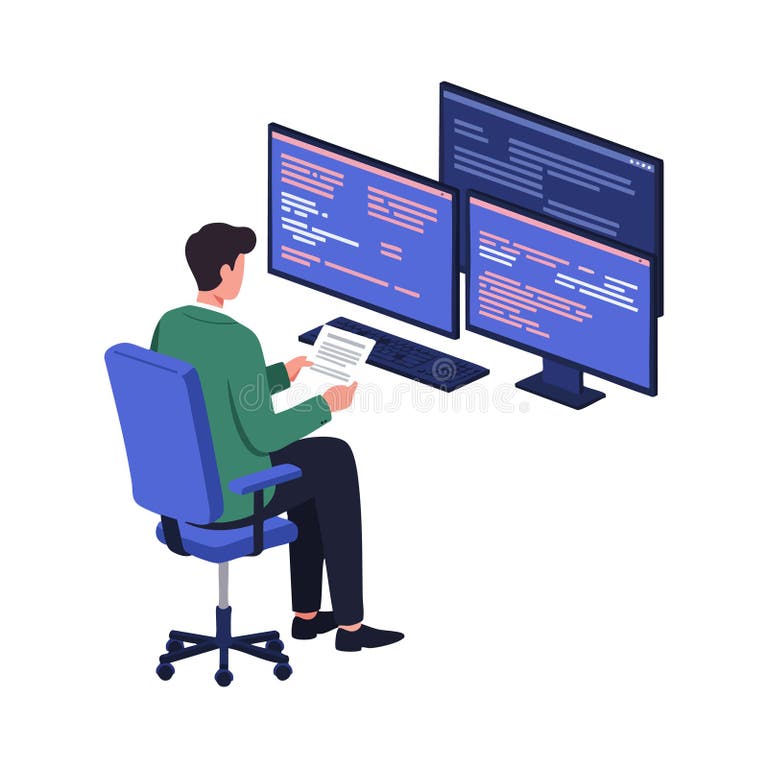 Programmer Working at Desk with Multiple Monitors Displaying Code in Dark Mode Technology Setup ...