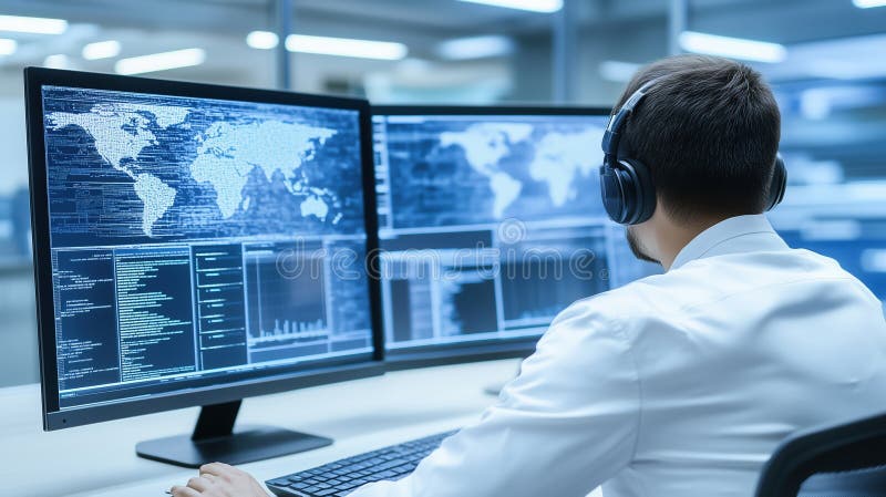 Programmer Working at Dual Screens with Digital Maps and Coding Data Stock Illustration ...