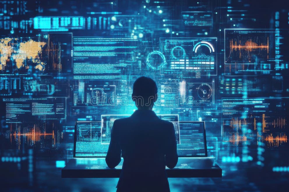 Programmer Working with Global Data and Security Monitoring System Stock Illustration ...