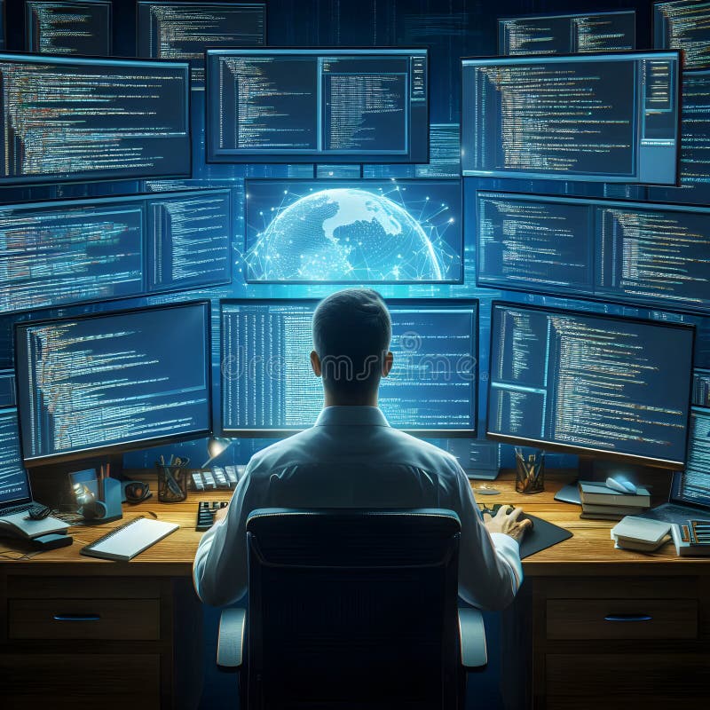 Programmer Working With Global Network And Multiple Computer Screens Showing Source Code Stock