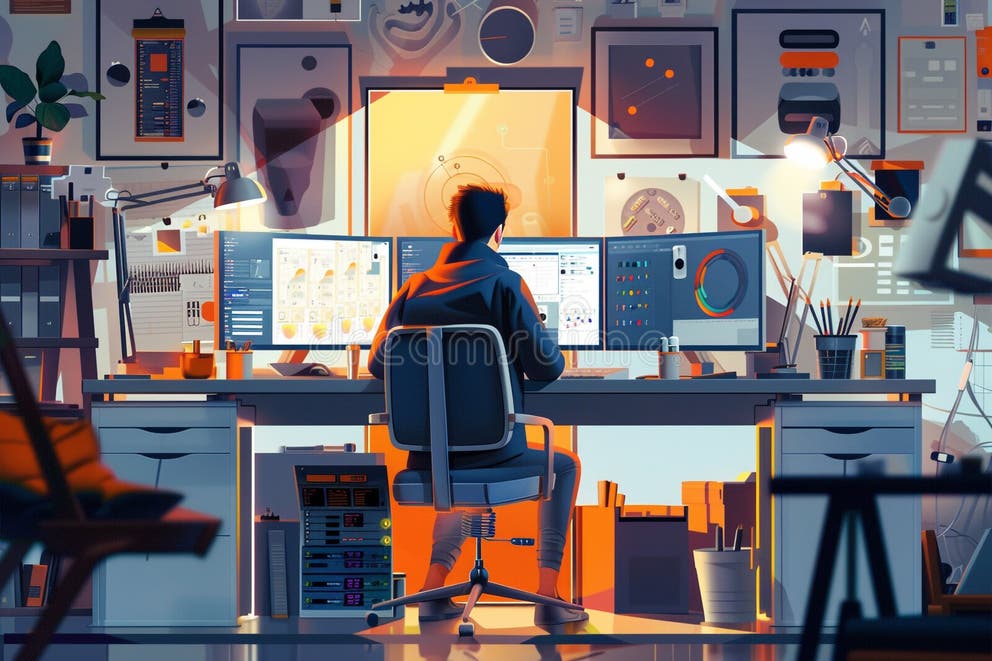 Programmer Working at His Desk Stock Illustration - Illustration of ...