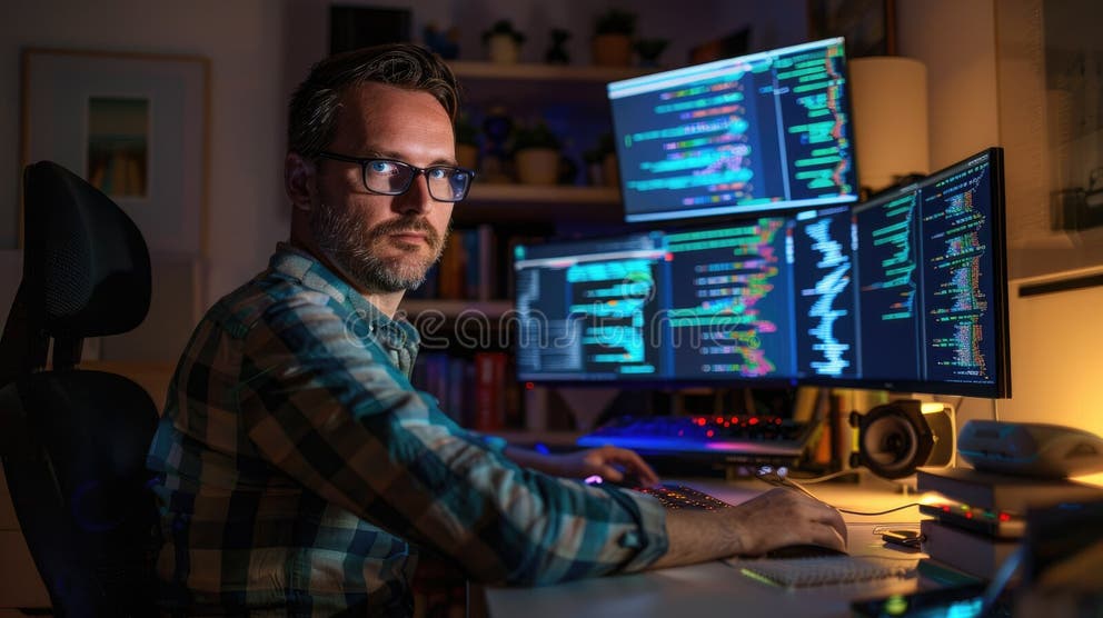 A Programmer Working from a Home Office with Multiple Screens To ...
