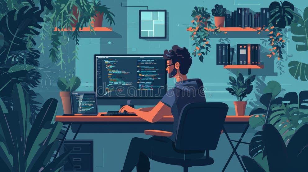 Programmer Working at Home Office. Programmer Sitting at Desk and ...