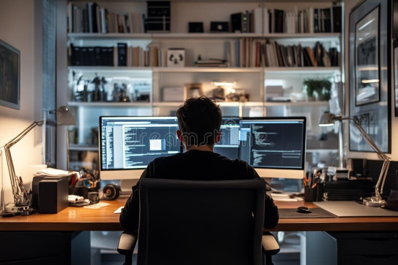 Programmer Working from Home Office Using Two Monitors Stock Image ...