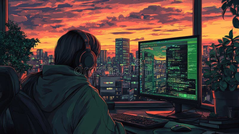 Programmer Working from Home at Sunset Coding on Computer with City View Stock Illustration ...