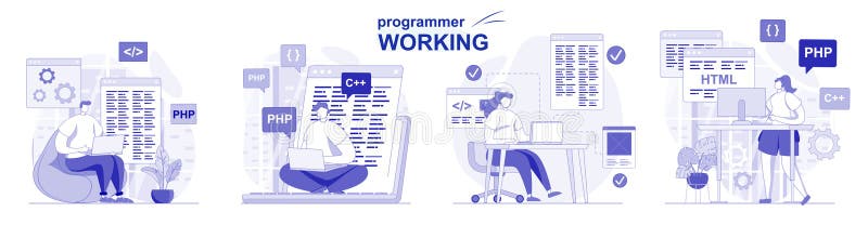 Programming Working Concept In Modern Flat Design Developer Programs In Html And Php Languages