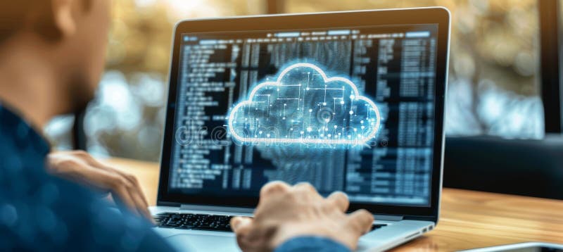 Programmer Working on Laptop with Cloud Computing Icon, Big Data Concept and Digital ...